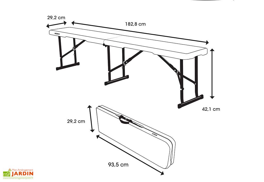 Banc pliable en acier et PEHD 182 x 29 cm