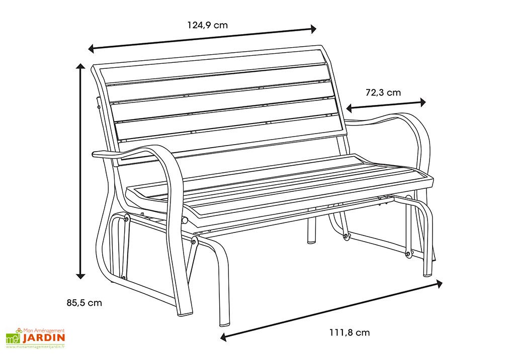 Banc de jardin à bascule en acier époxy 124 x 72 x 85 cm