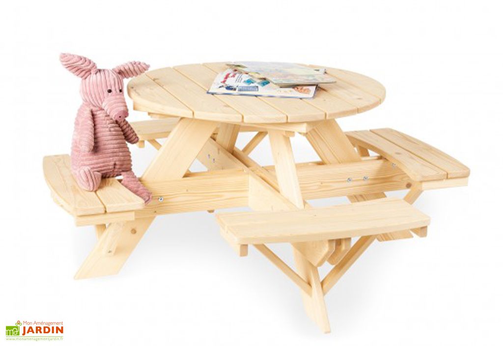 Table de jardin ronde en bois pour enfant Nicky – 1 table 4 bancs ...