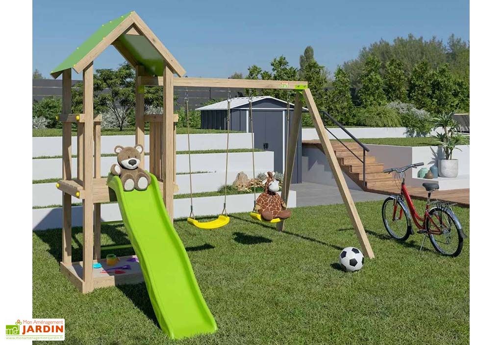 Aire de jeux en bois portique double et toboggan – Easy Xperience
