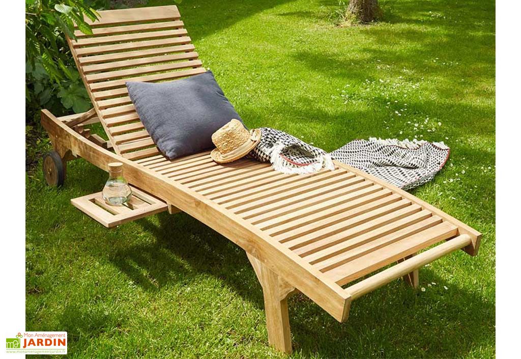 Bain de soleil en bois de teck avec tablette – 200 x 70 cm - Wilsa