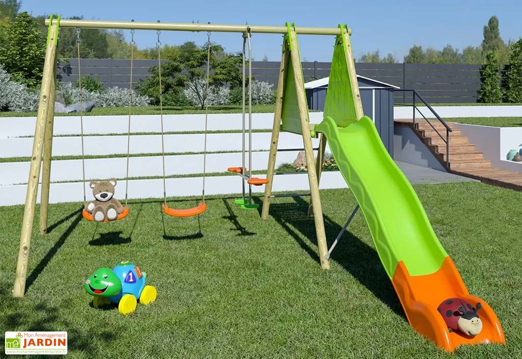 Portique 2 balançoires en bois, toboggan et face à face – Optima