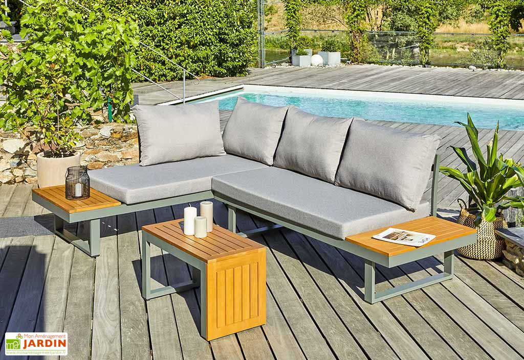 Salon de jardin modulable 4 places en aluminium et acacia - Tokyo - DCB ...