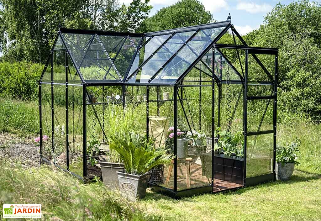 Serre en verre trempé style orangerie ICON Gardenhouse 6 noir – 8,6 m² ...