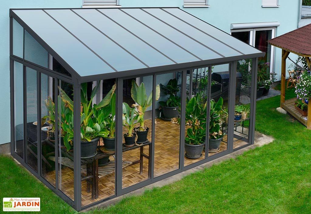 Véranda alu gris en kit polycarbonate verre - Sanremo 3 x 5,56 m - Canopia